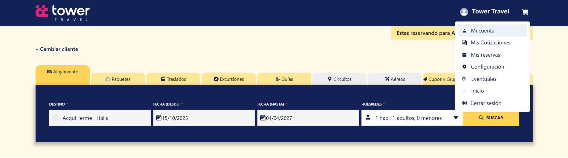 Menú de usuario | Manual de usuario - Sistema BackOffice de Tower Travel